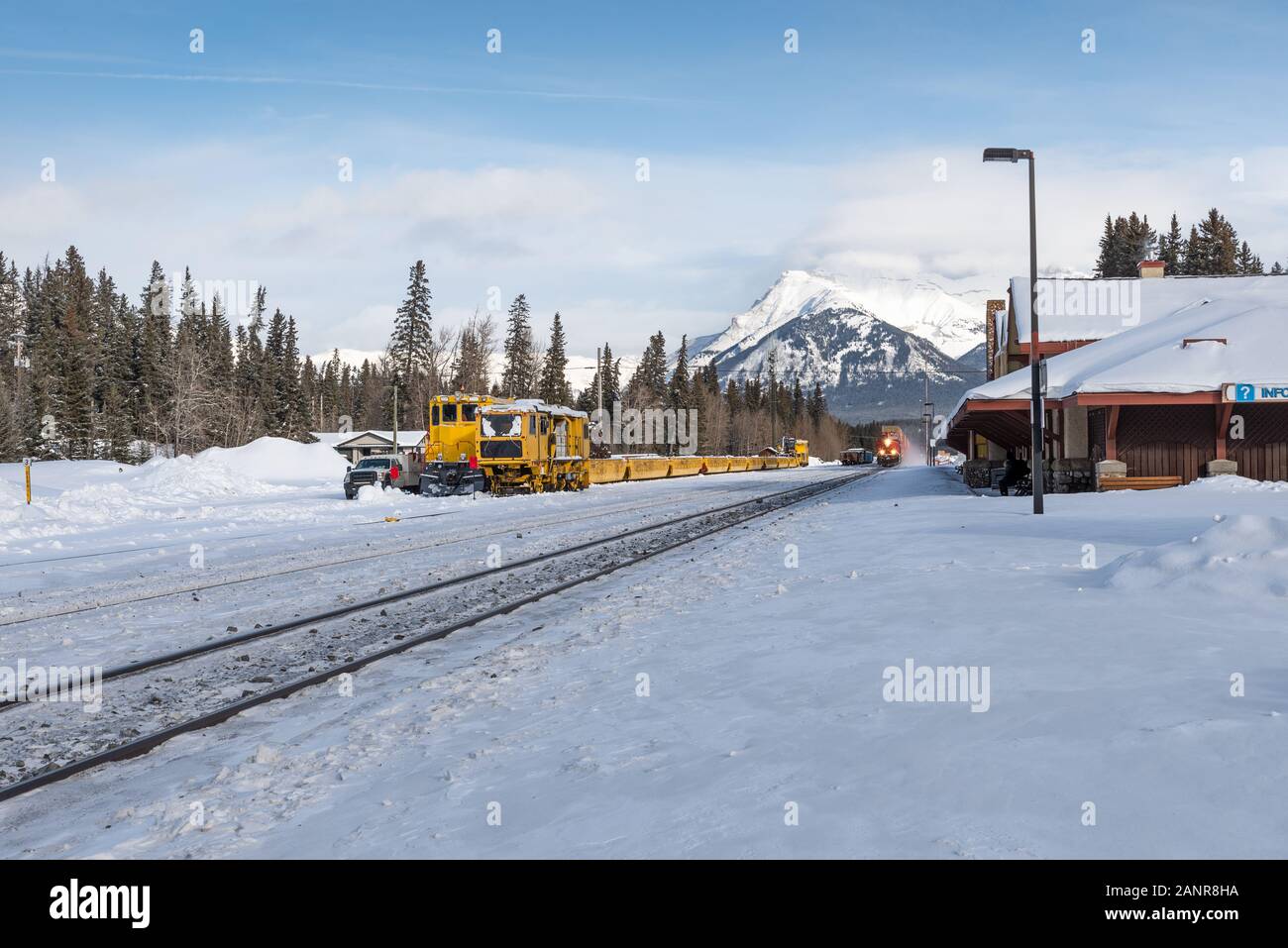 Approaching freight train at the Banff Train Station in Alberta, Canada ...