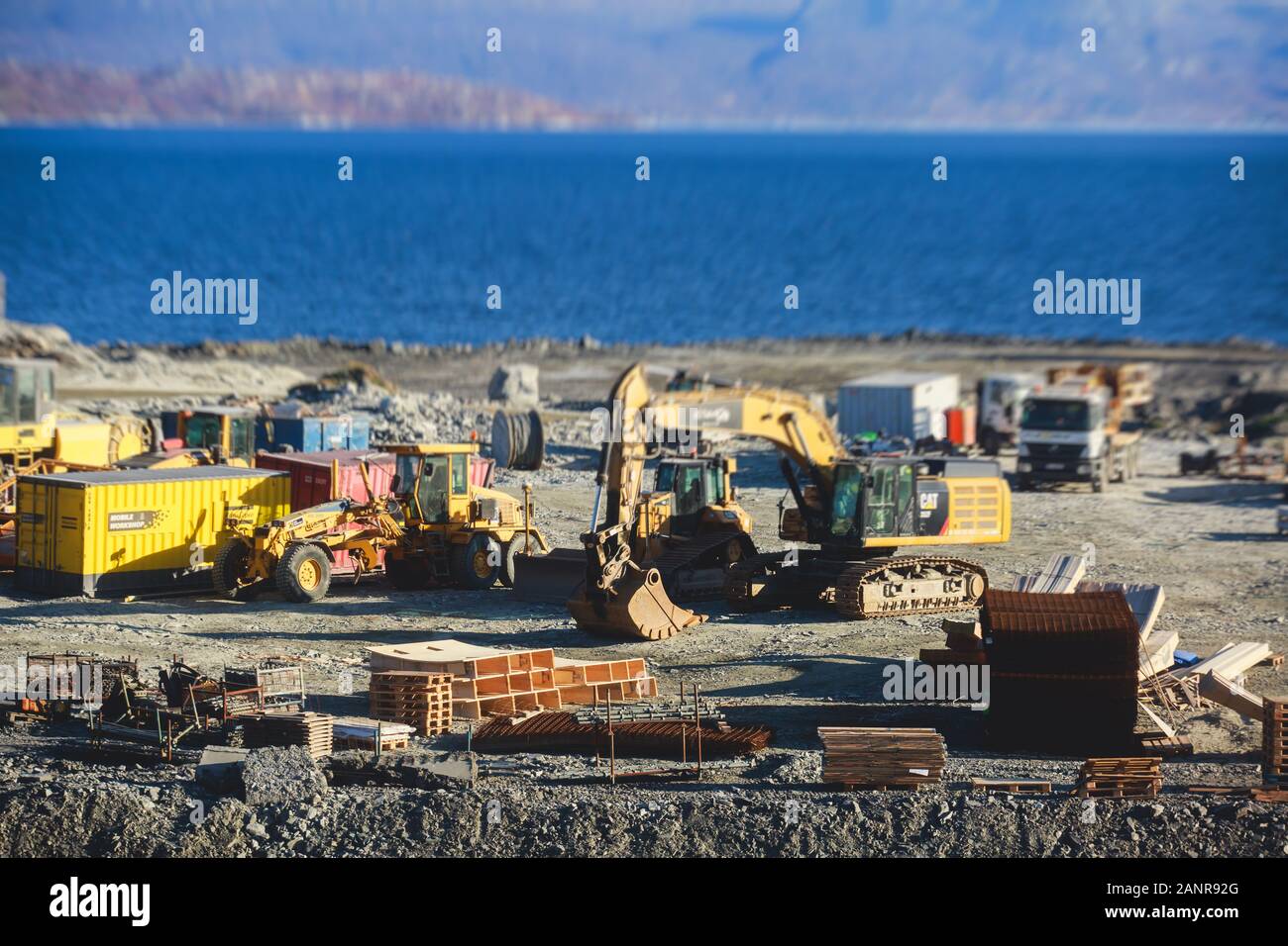 Construction site, process of new road construction with heavy vehicle ...