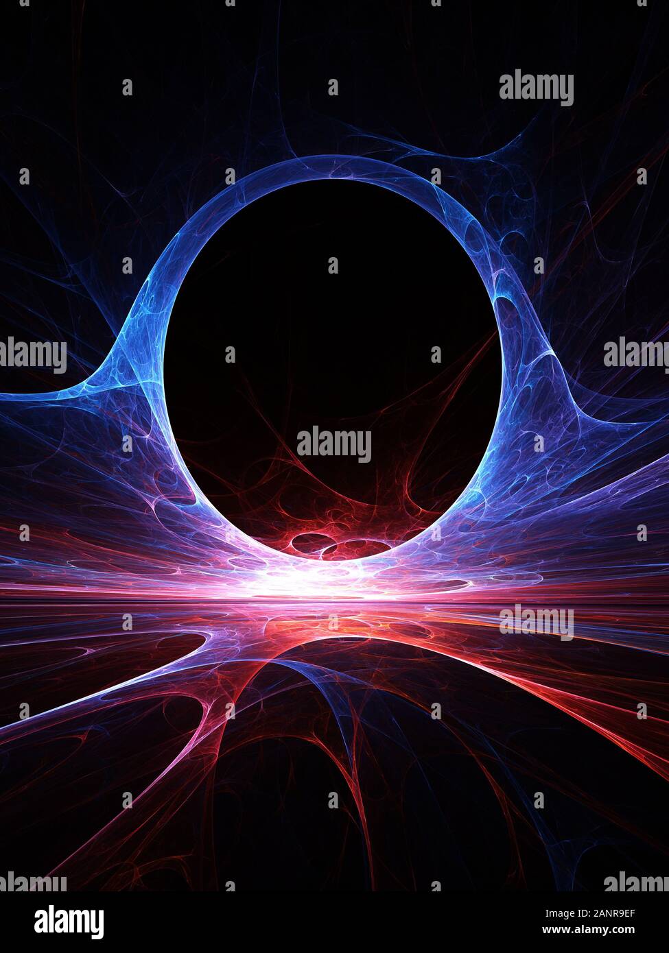 Abstract curving arch composed of luminescent red and blue energies ...