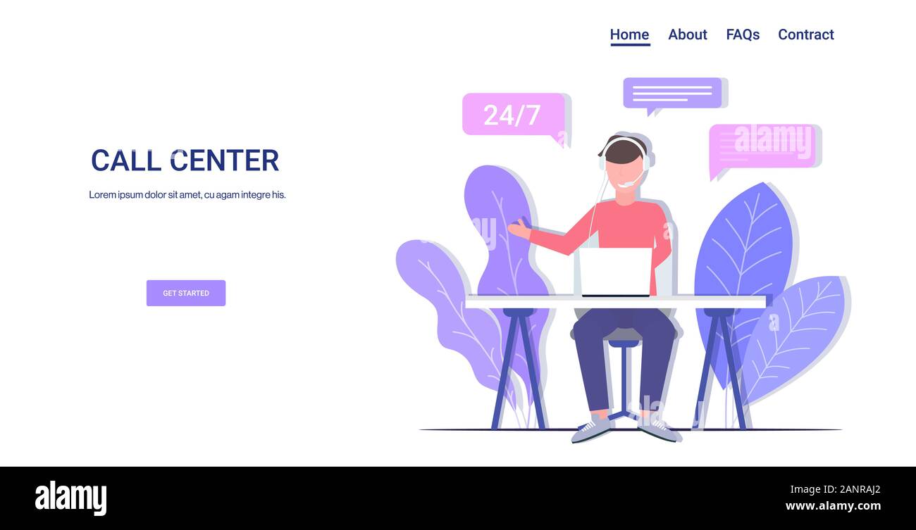 man helpline operator with headset sitting at workplace technical ...