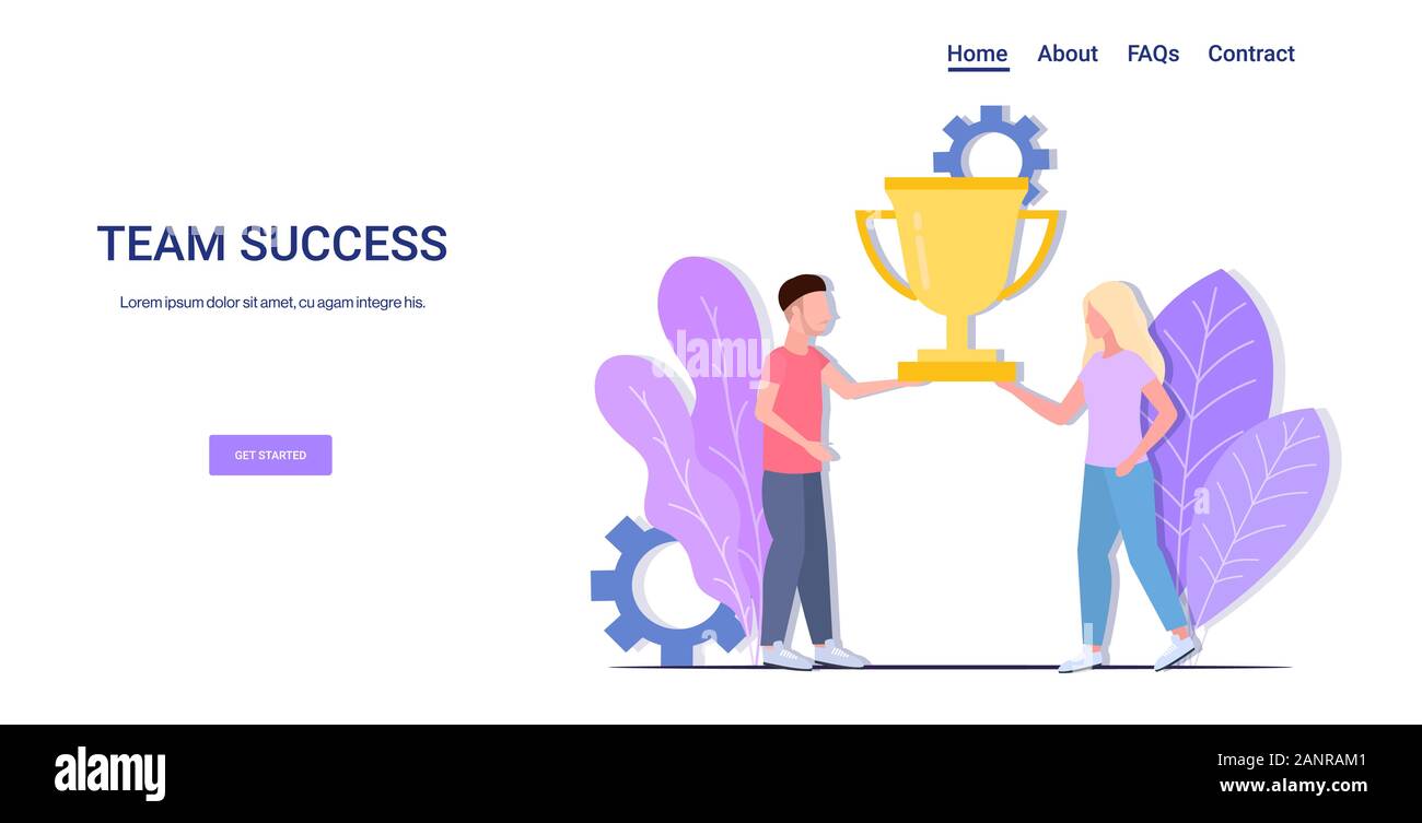 businesspeople couple holding golden trophy cup successful teamwork team success victory concept ...