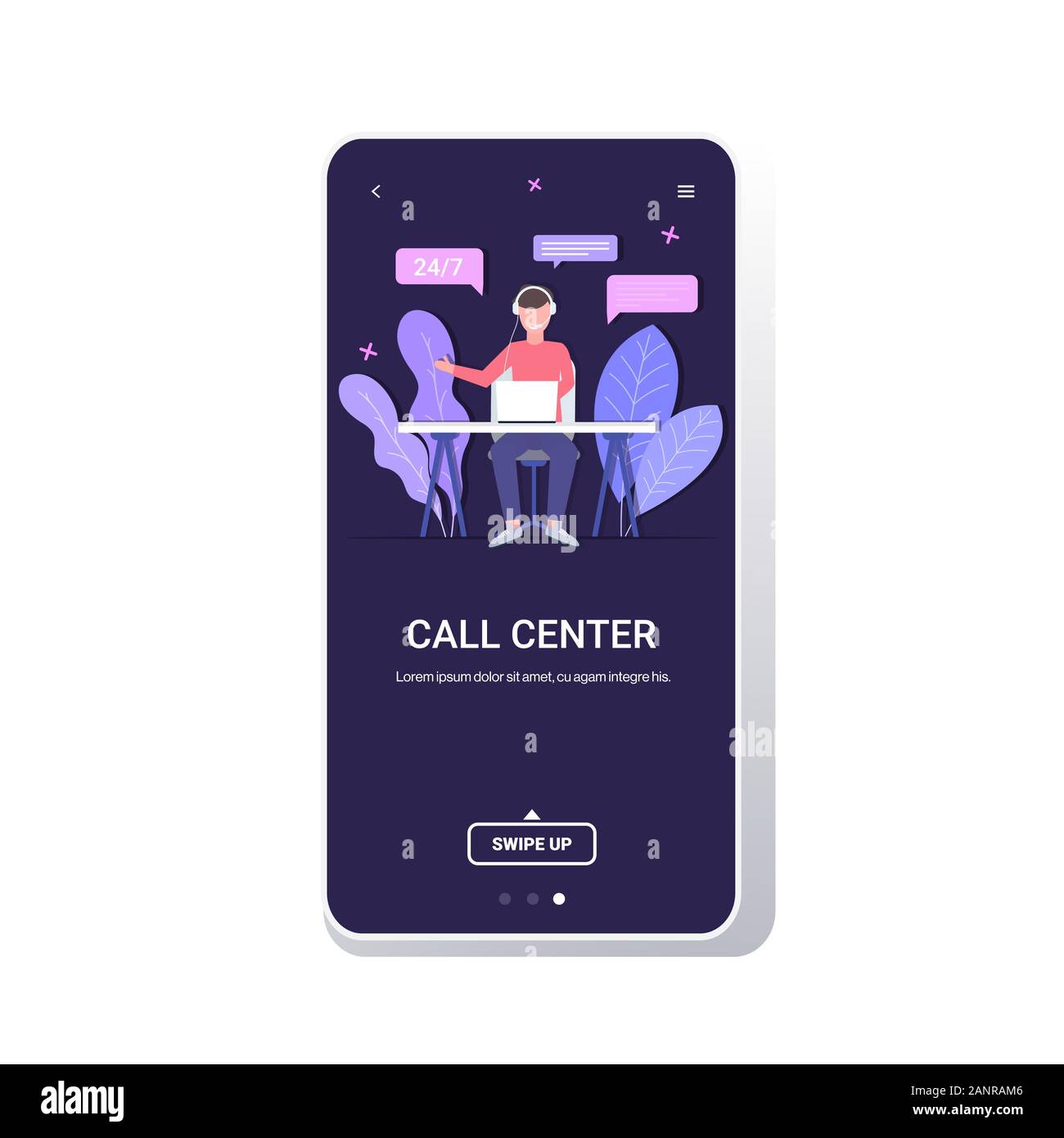 man helpline operator with headset sitting at workplace technical ...