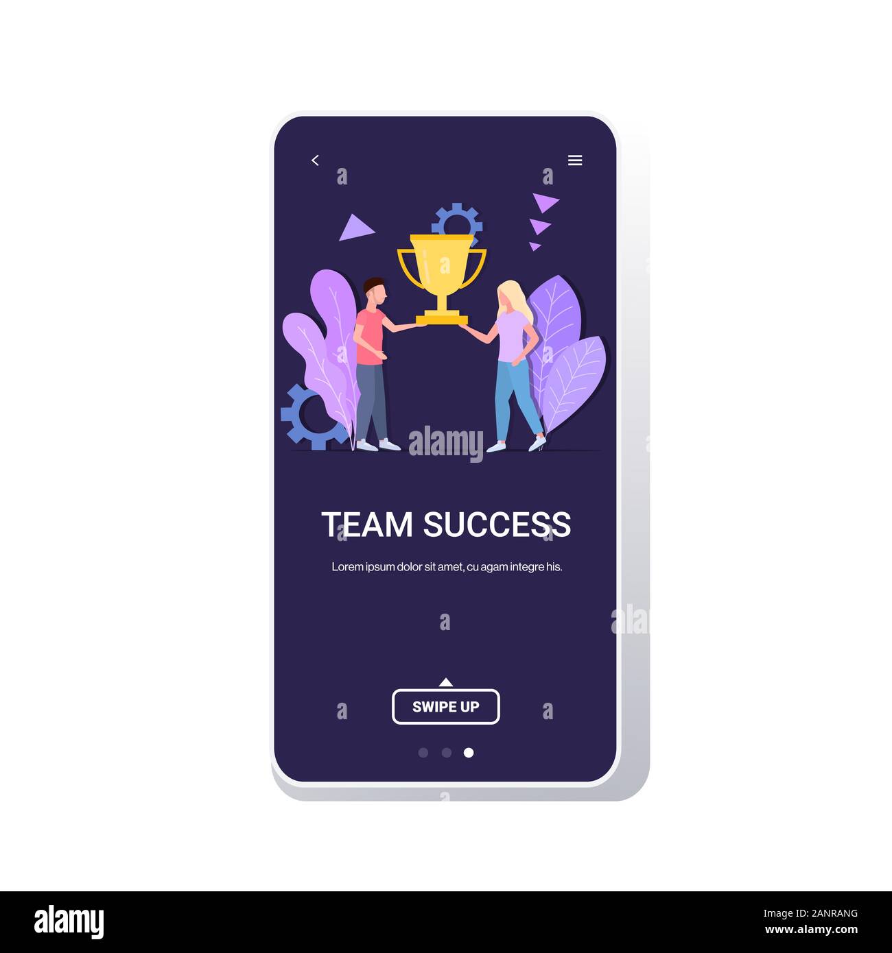 businesspeople couple holding golden trophy cup successful teamwork team success victory concept ...