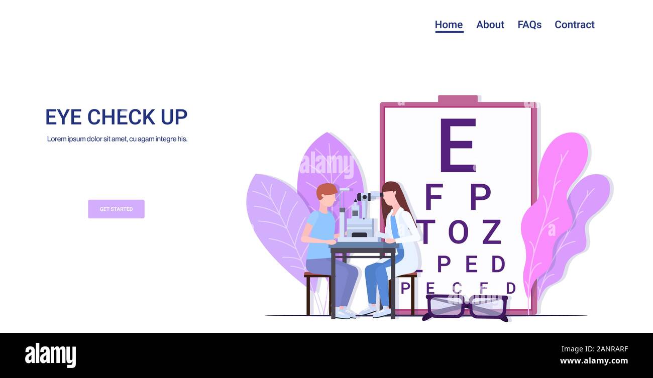 woman optician examining eye vision of male patient on slit lamp eye ...