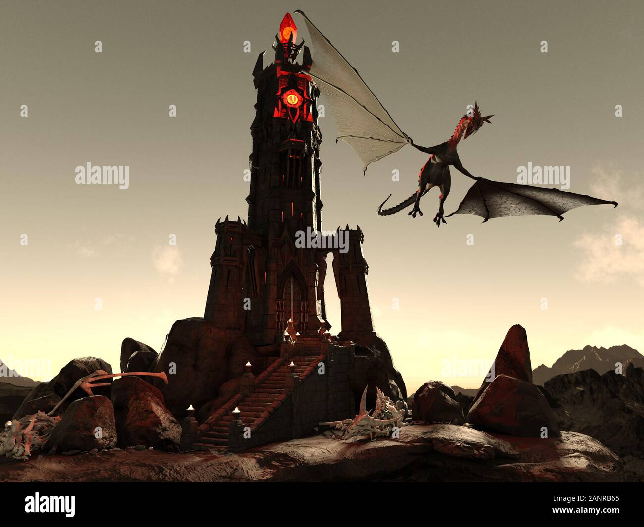Fantasy Dragon and Dark Tower 3D Illustration Stock Photo - Alamy