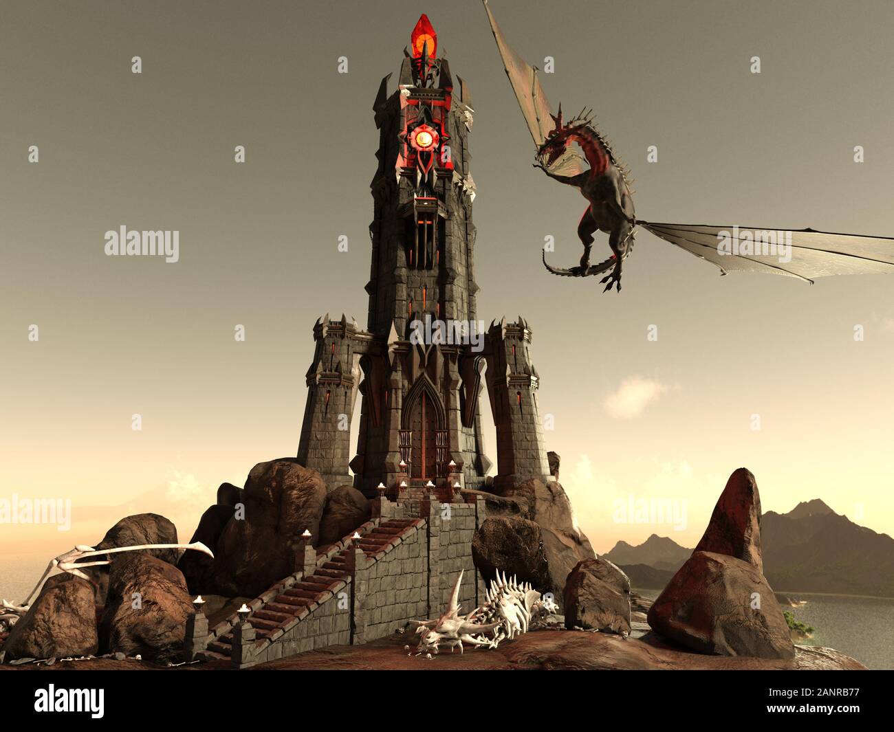Fantasy Dragon and Dark Tower 3D Illustration Stock Photo - Alamy