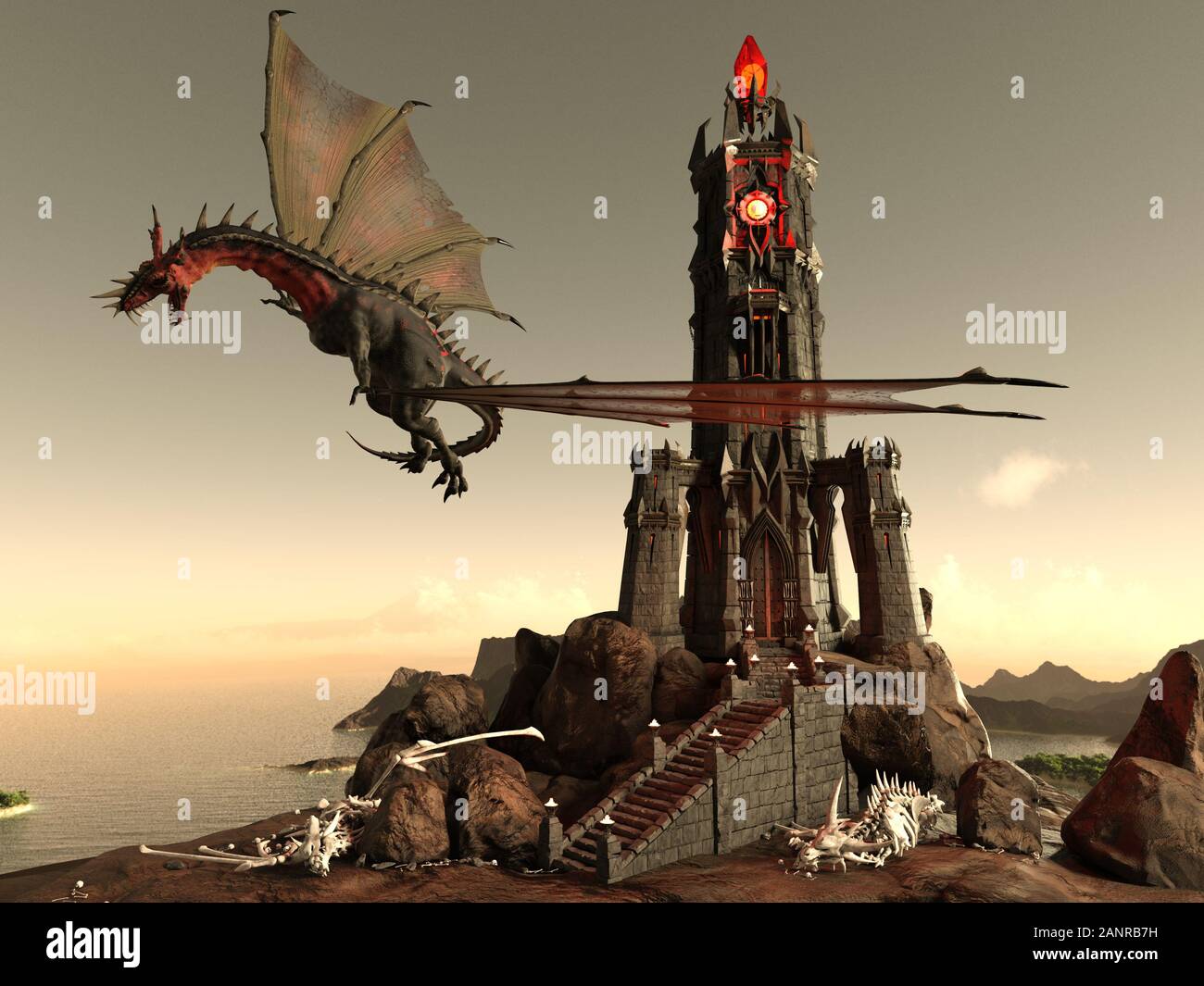 Fantasy Dragon and Dark Tower 3D Illustration Stock Photo - Alamy
