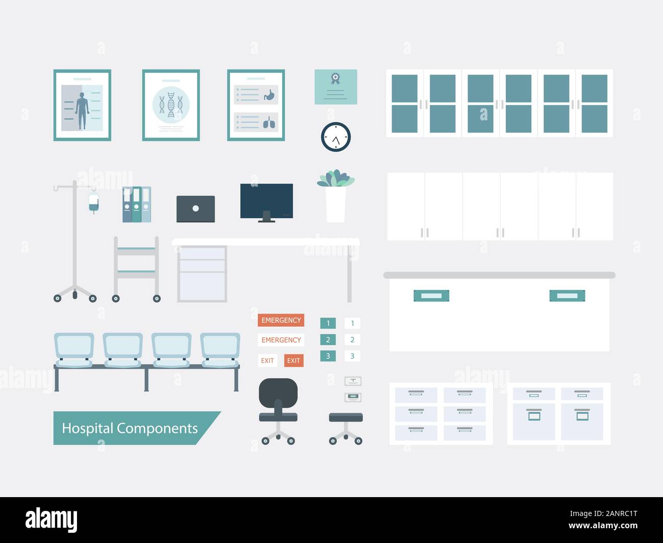 Set of hospital interior components or elements flat design vector ...