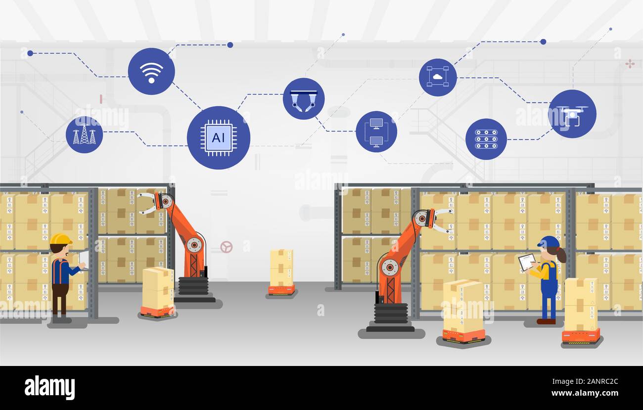 Automation warehouse concept with robotic arms and workers flat design ...
