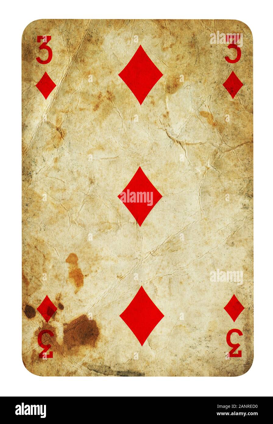 Three of Diamond Vintage playing card - isolated on white (clipping ...