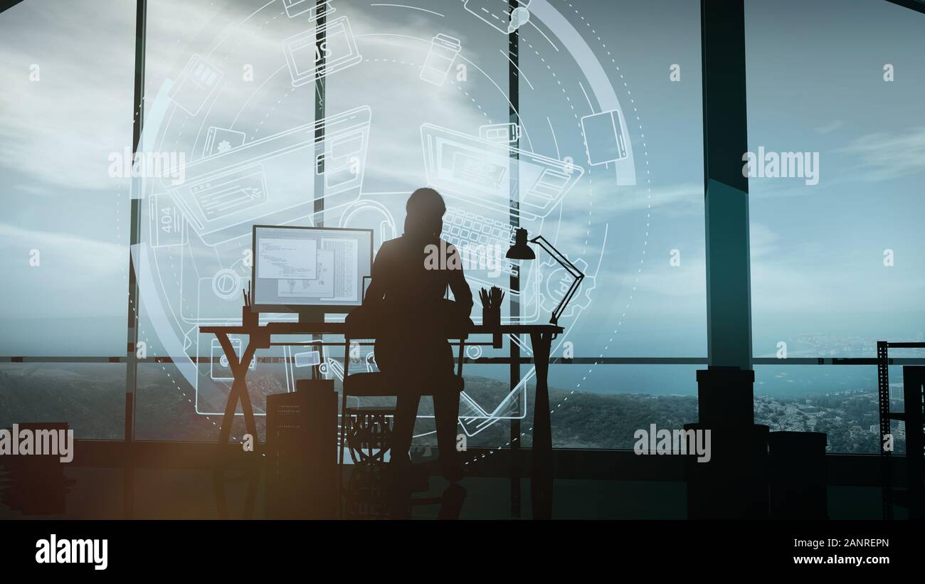 Female web developer silhouette and virtual infographics Stock Photo ...