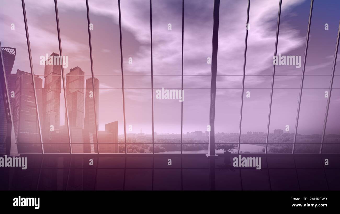 Empty office with panoramic windows overlooking the cityscape with ...