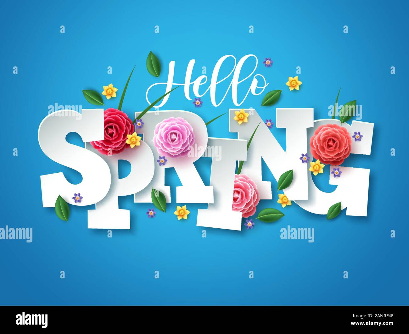 Hello spring vector greetings design. Spring text with colorful flower ...