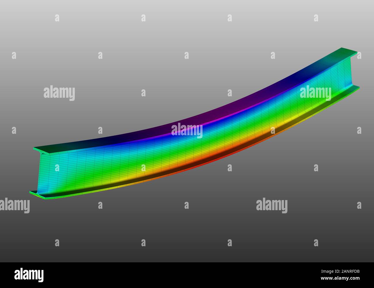 A simple supported I-beam bending. 3D view of mesh deformation and plot ...