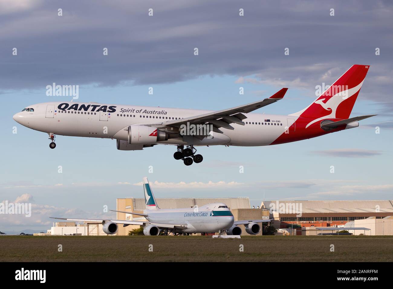 Airbus A330 large twin engine airliner operated by Qantas on approach ...