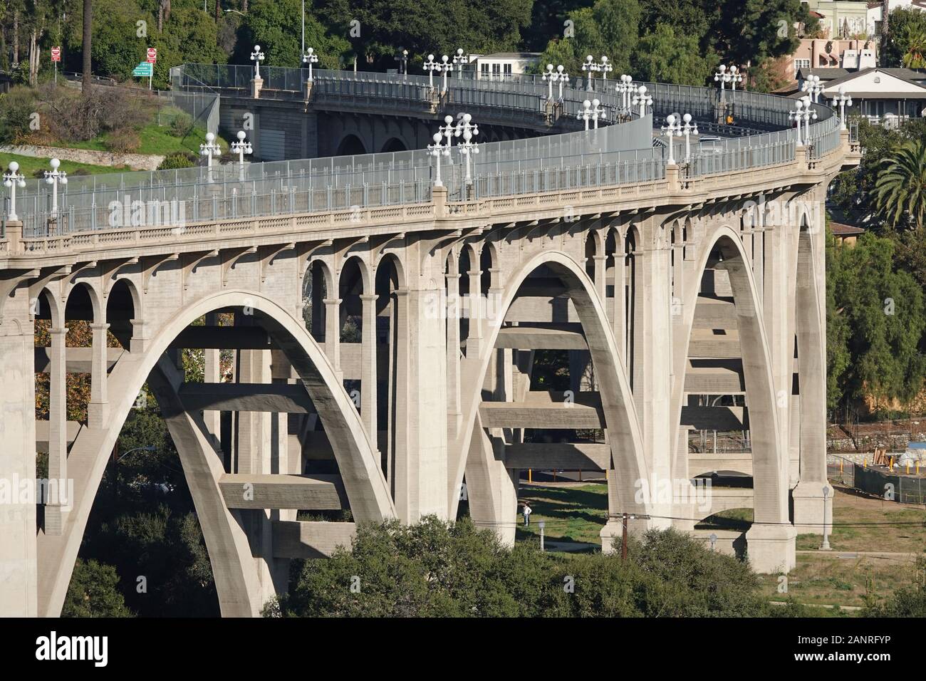 The Colorado Street Bridge is shown spanning the Arroyo Seco (dry ...