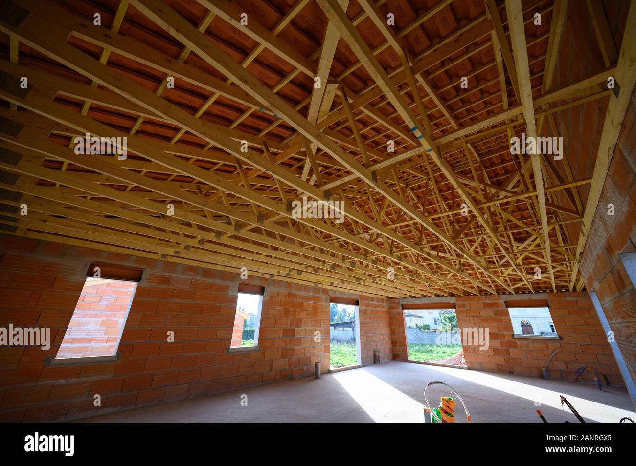 Residential construction home framing view on new house wooden under ...