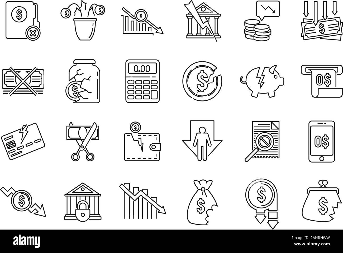 Bankrupt business icons set. Outline set of bankrupt business vector ...