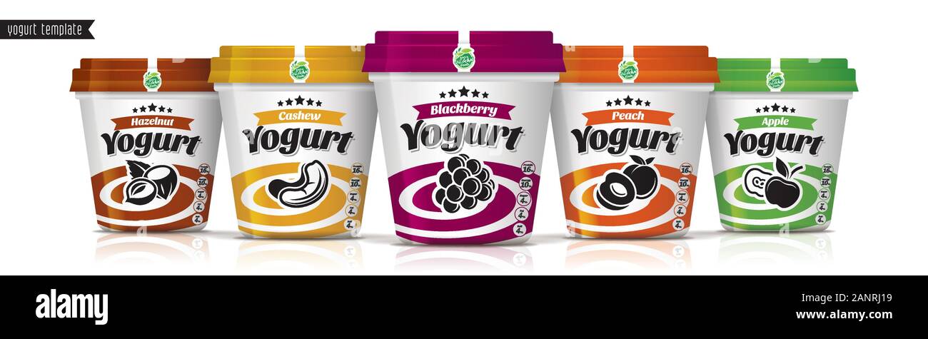 Yogurt vector packaging design. Fruit and nuts yogurt set Stock Vector ...