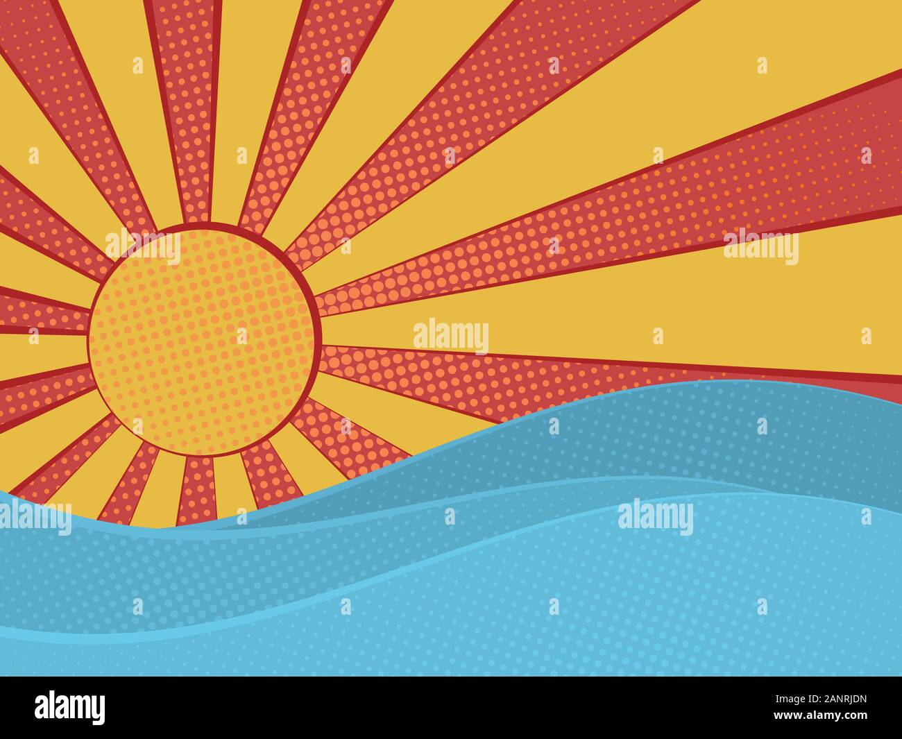 Pop art summer background, sun and sea waves in comic style. Vector ...