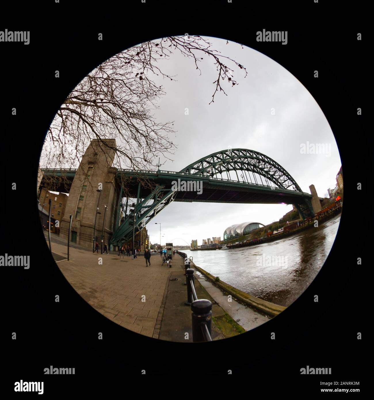 A fish eye view of the Tyne Bridge in Newcastle upon Tyne, England. The ...