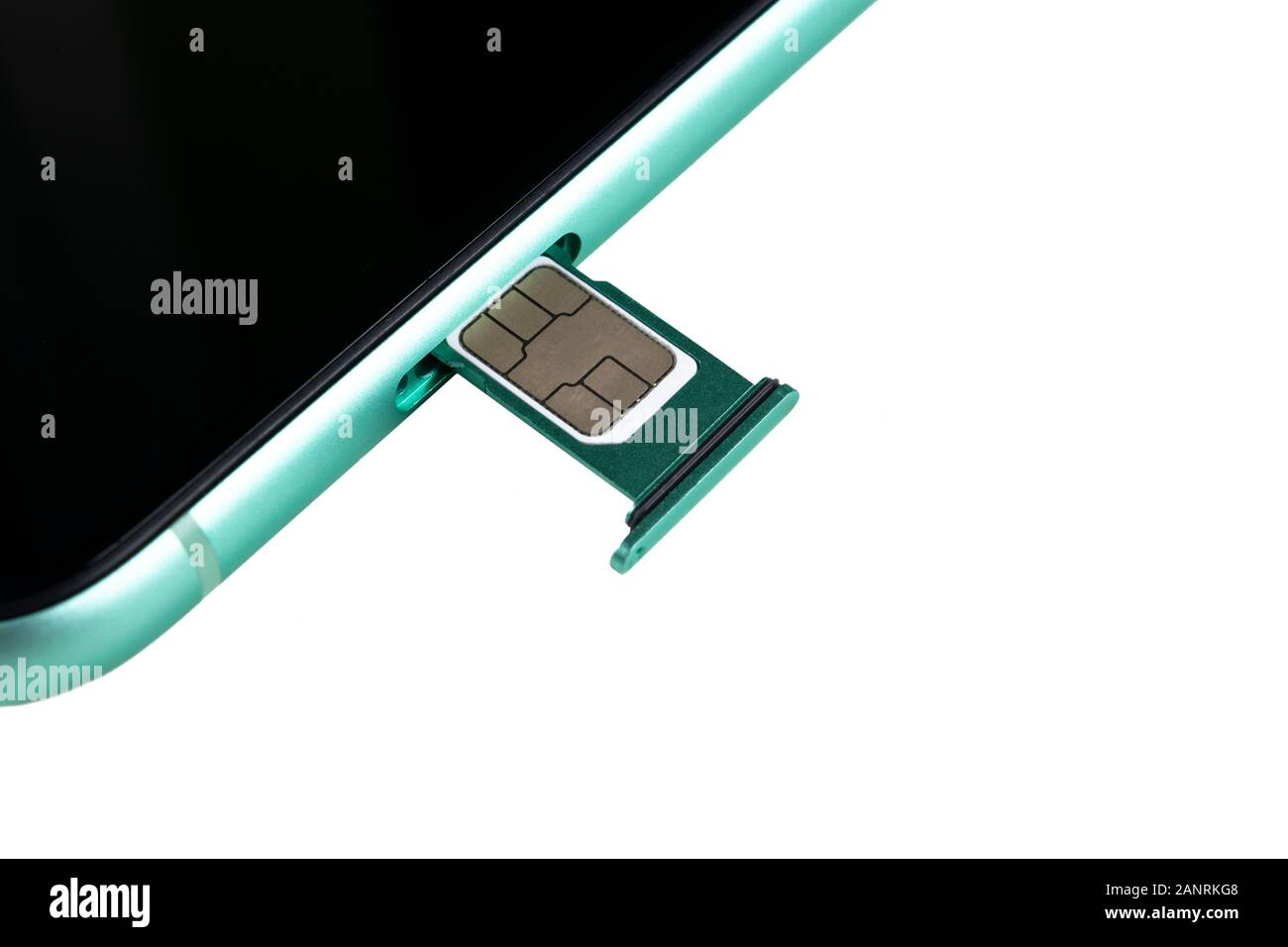 Modern mobile phone and sim card isolated on a white background ...