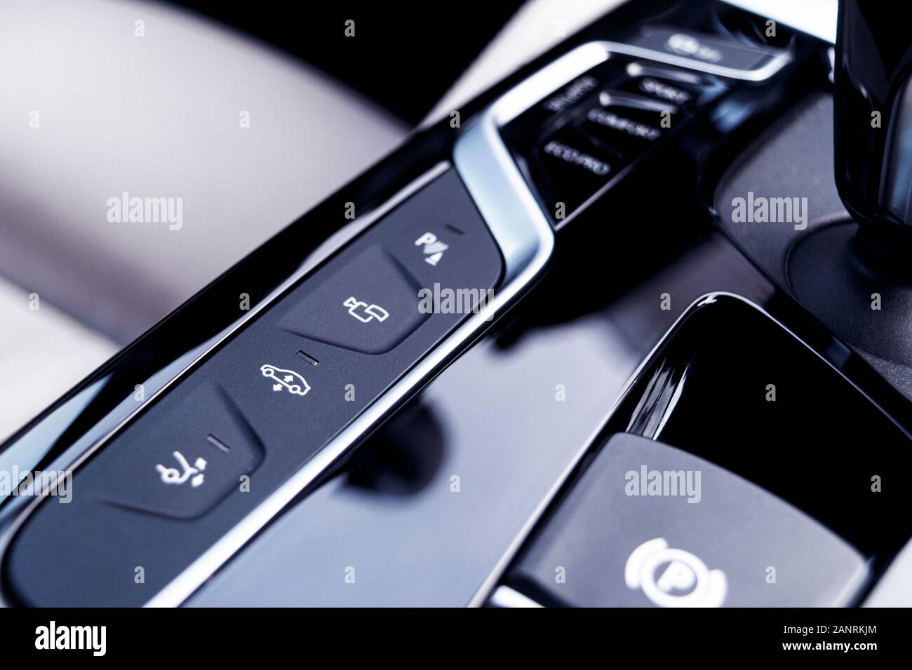 Track control buttons near automatic gear stick in a white leather ...