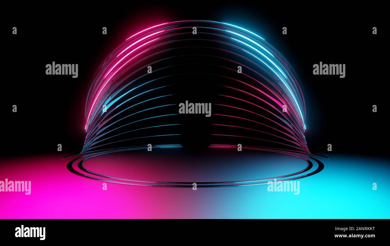 Neon light with abstract shell consists of circles on dark background ...