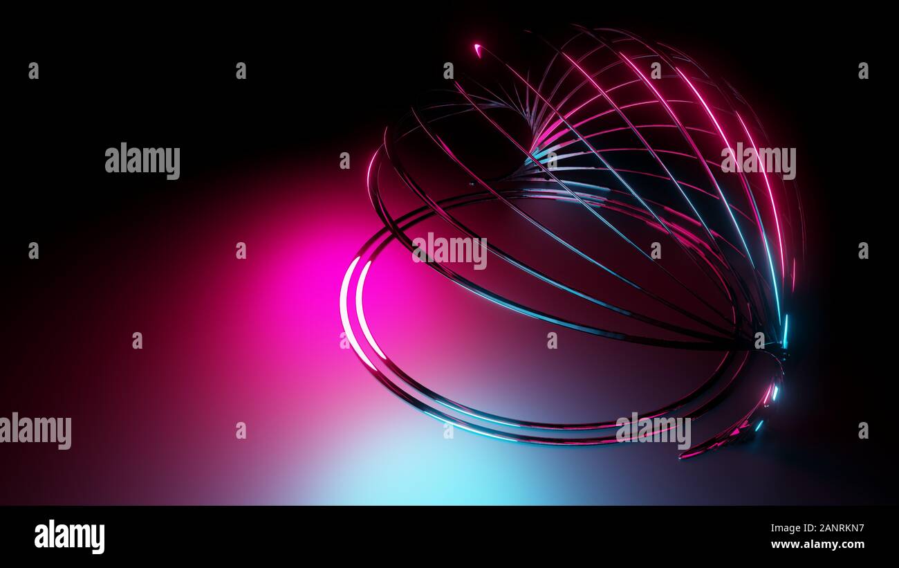 Neon light with abstract shell consists of circles on dark background ...