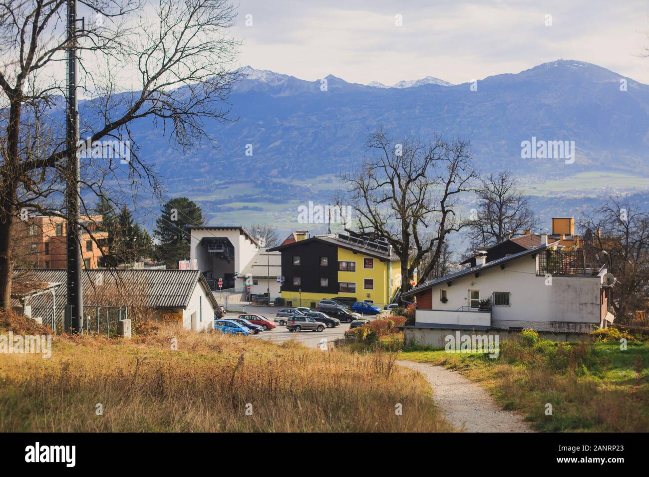Beautiful super wide-angle aerial view of Innsbruck, Austria with ...