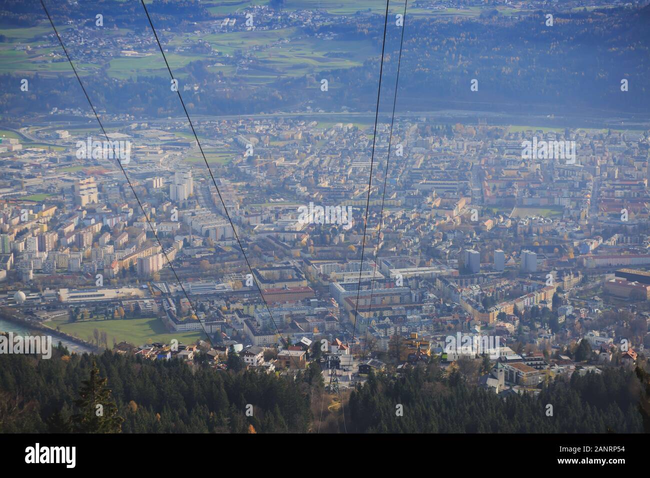 Beautiful super wide-angle aerial view of Innsbruck, Austria with ...