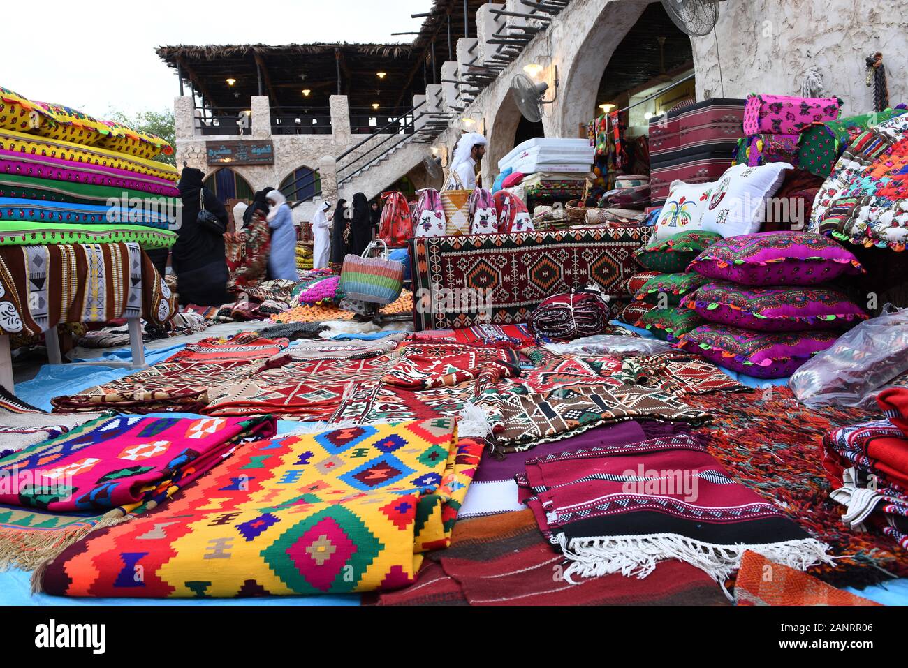 Doha, Qatar- display of traditionnal carpets at Souq Waqif Stock Photo ...