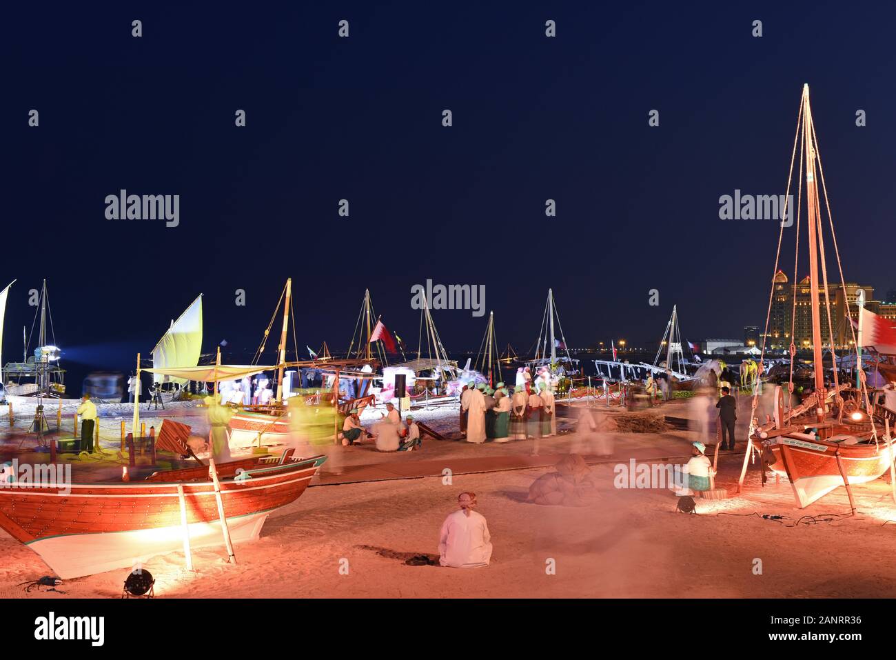 General view of the dhows at the beach at night, Katara Traditional ...