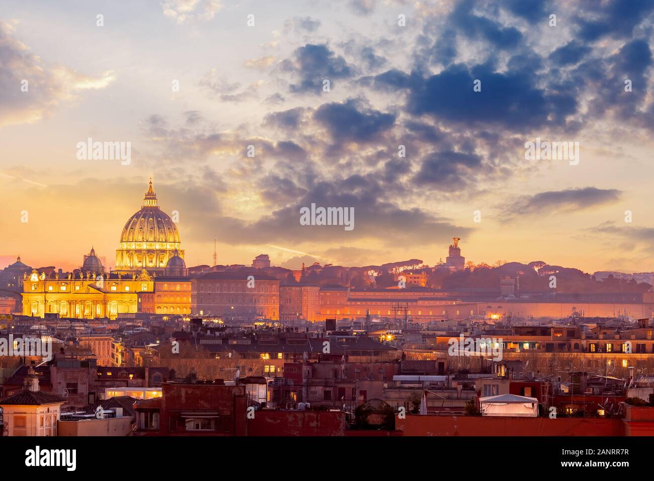 View of sunset city Rome from Castel Sant Angelo, Saint Peters Square ...
