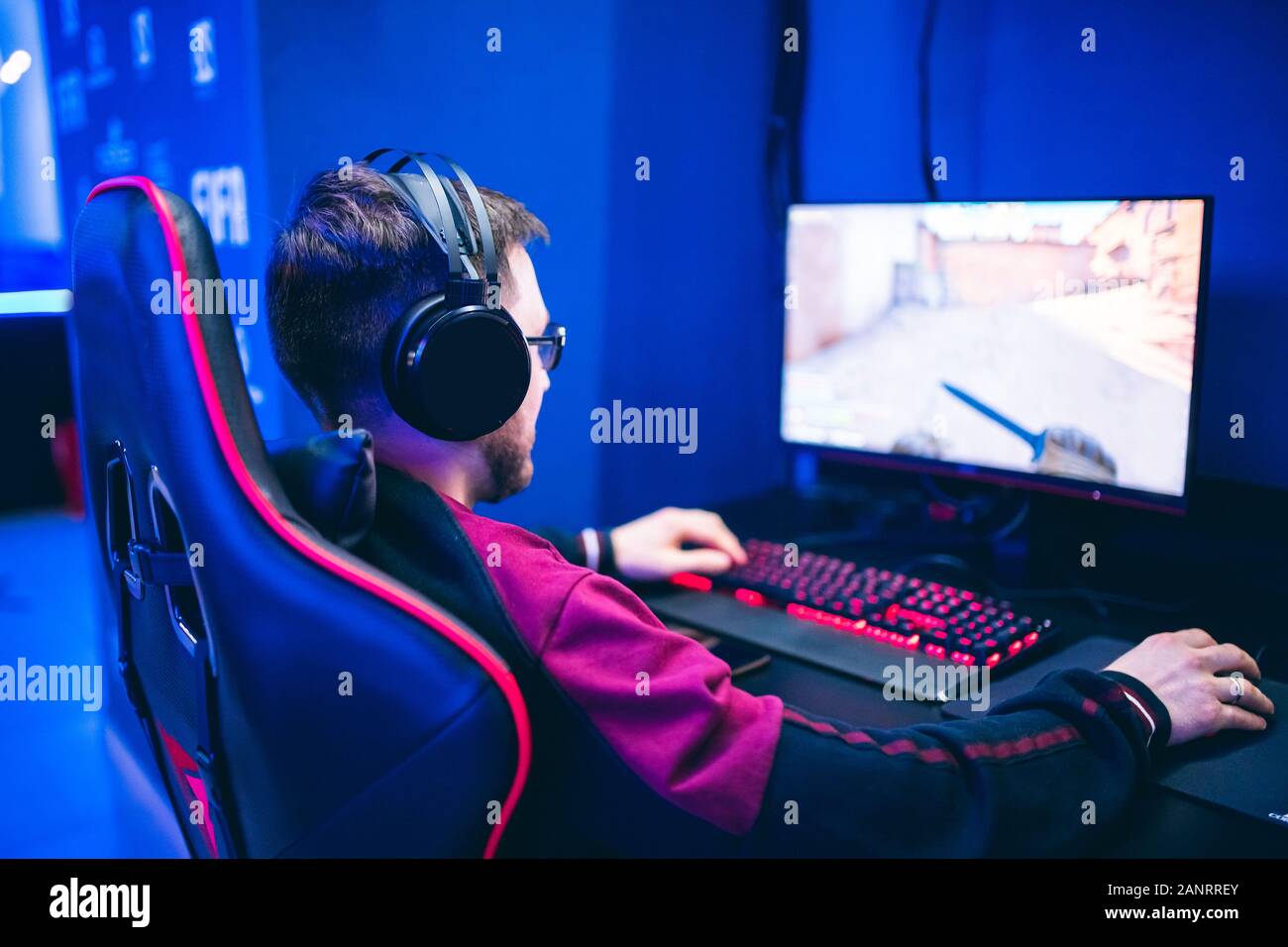 Professional cyber video gamer studio room with personal computer ...