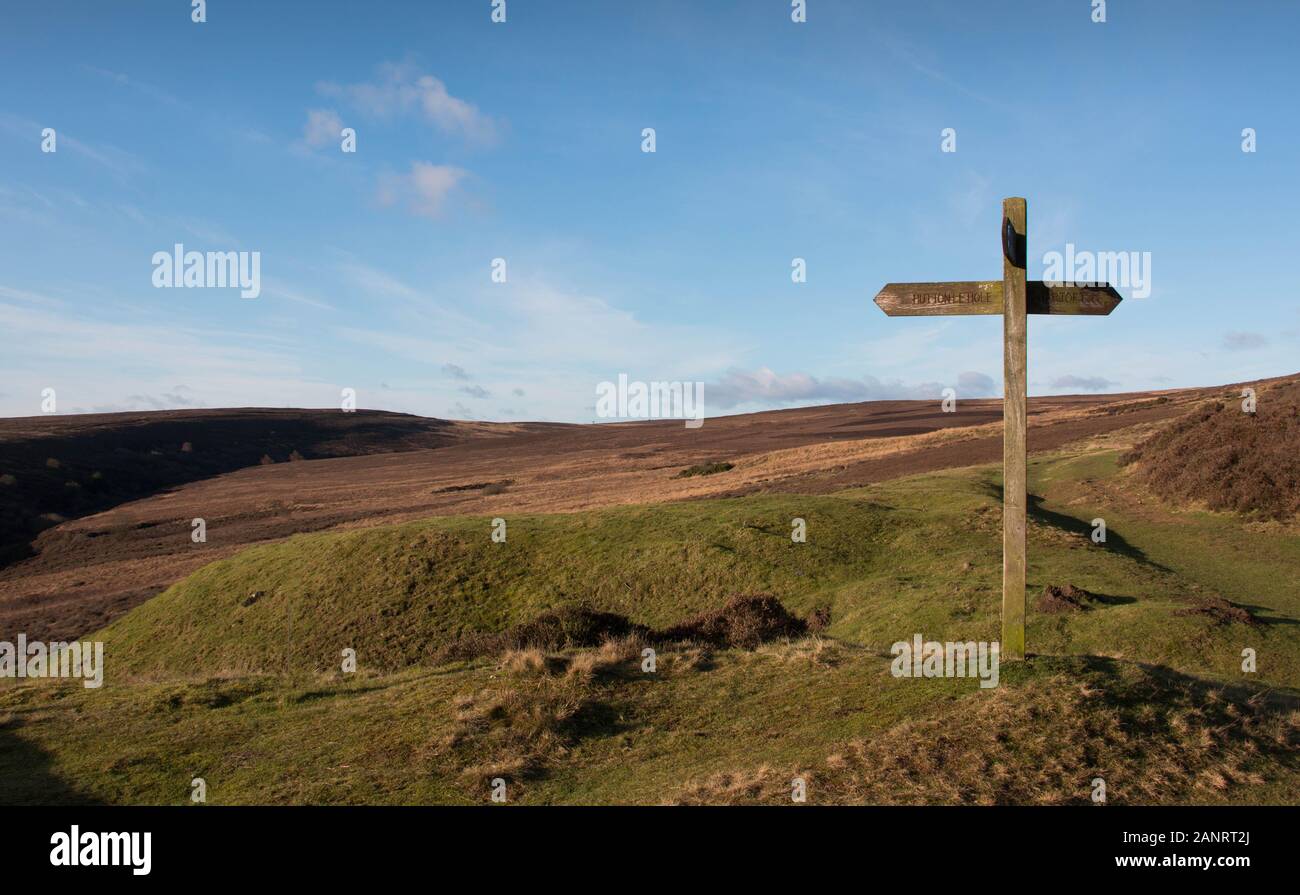 Wooden signpost at crossroads on moorland above Lastingham, North ...