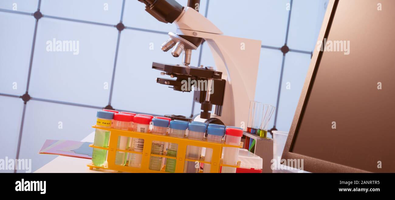 Scientific experiment in microbiological lab. Microscope and test tube ...