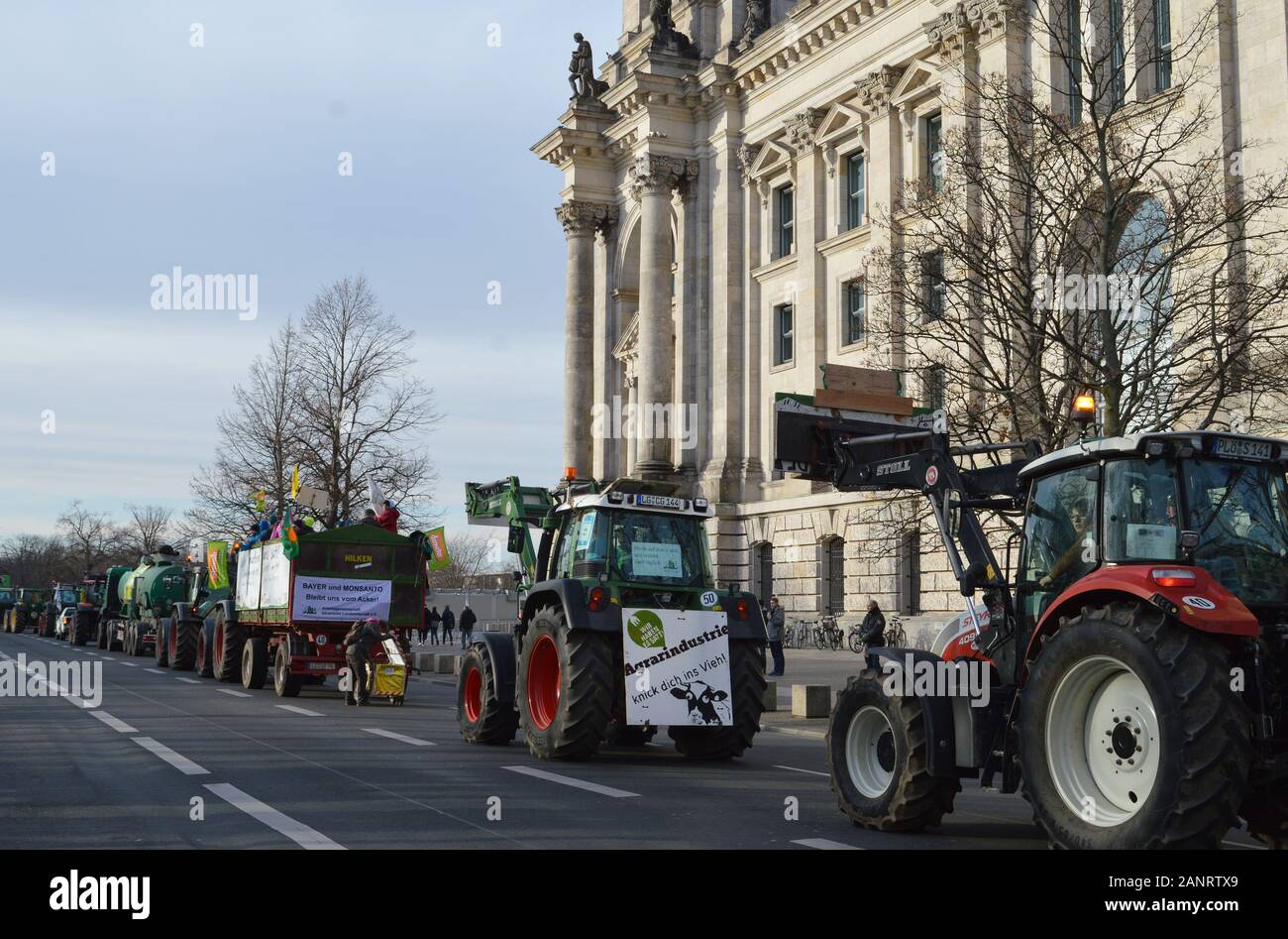 BERLIN, GERMANY - 18 JANUARY 2020: Farmers at the head of a march of ...