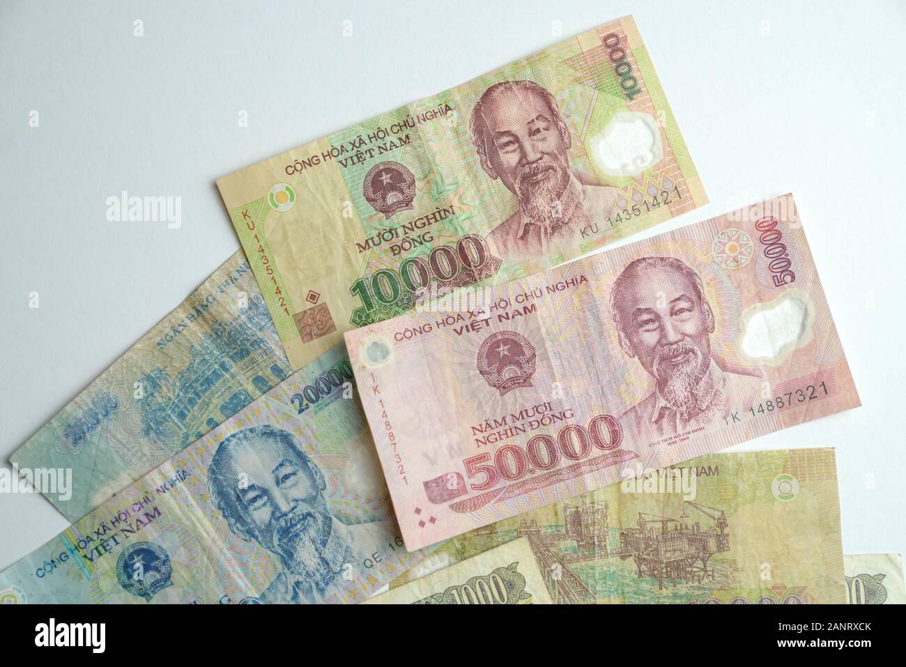 Vietnamese money dong (VND) on white background, Used bank notes, money ...