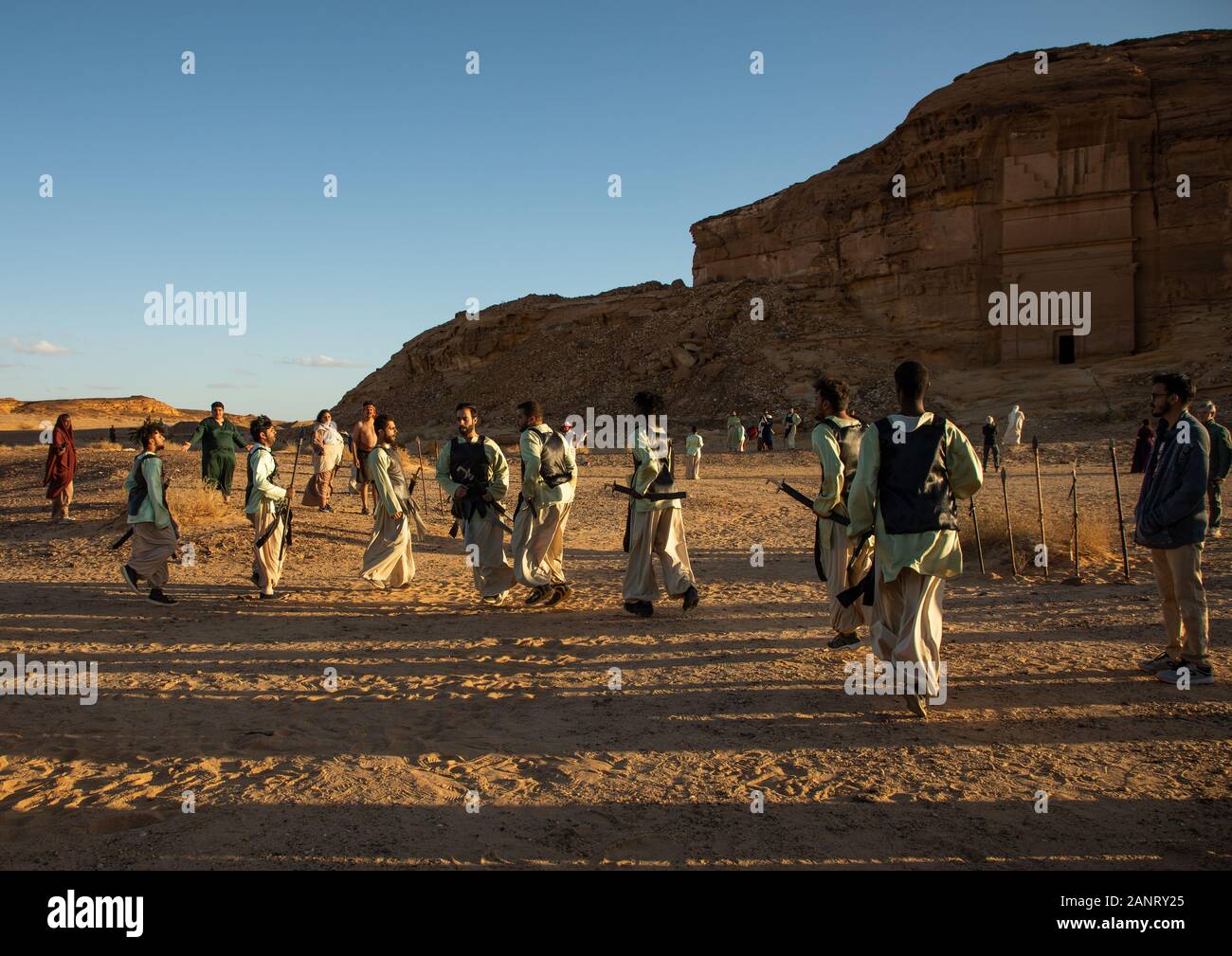Saudi actors during an historical play in an open air theater in Madain ...