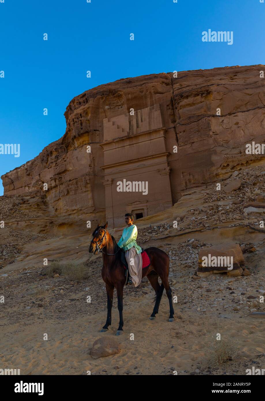 Saudi actor riding a horse during a play in an open air theater in ...