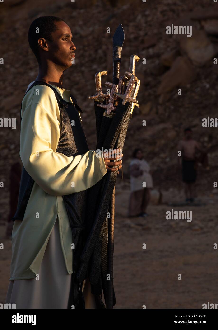 Saudi actor during an historical play in an open air theater in Madain ...