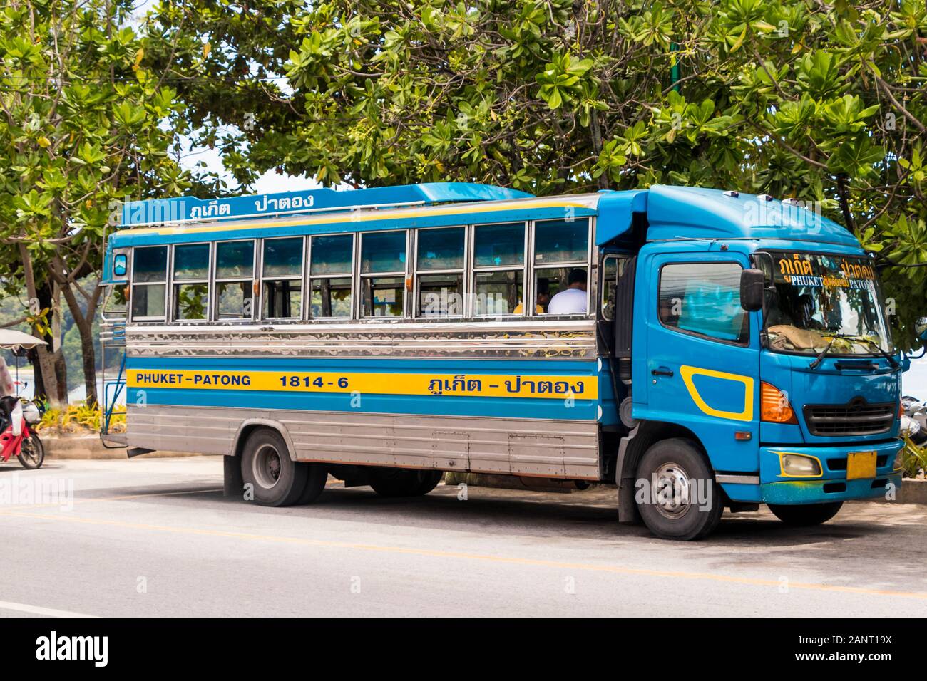 Blue public bus at bus stop in Patong Beach, Phuket, Thailand Stock ...