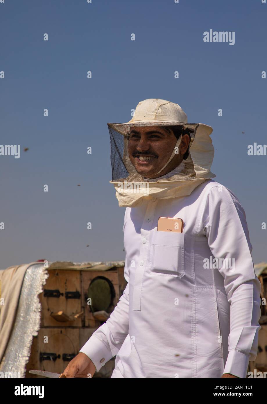 Saudi beekeeper working in the beehives, Jizan province, Addarb, Saudi ...