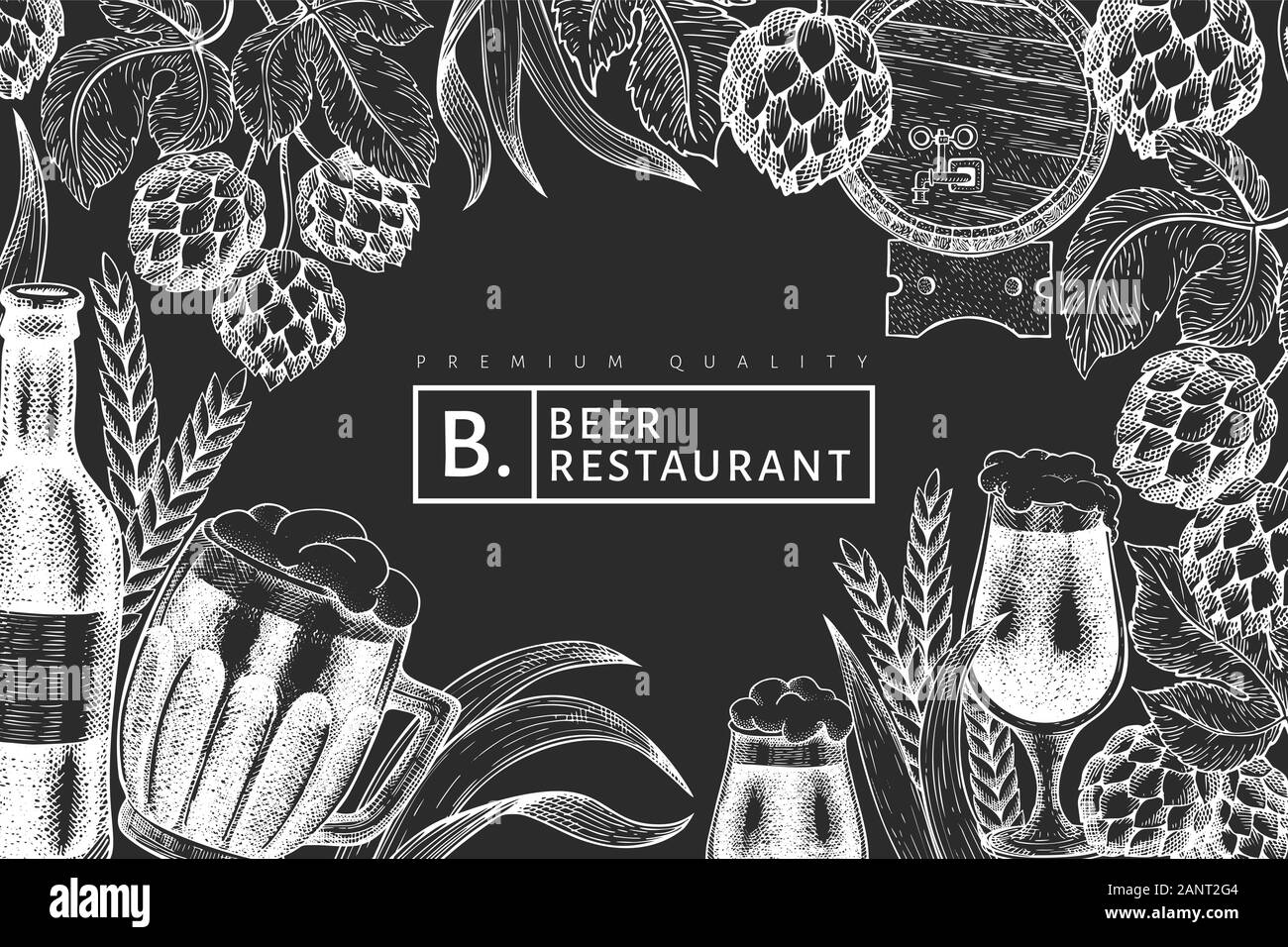 Beer glass mug and hop design template. Hand drawn vector pub beverage ...