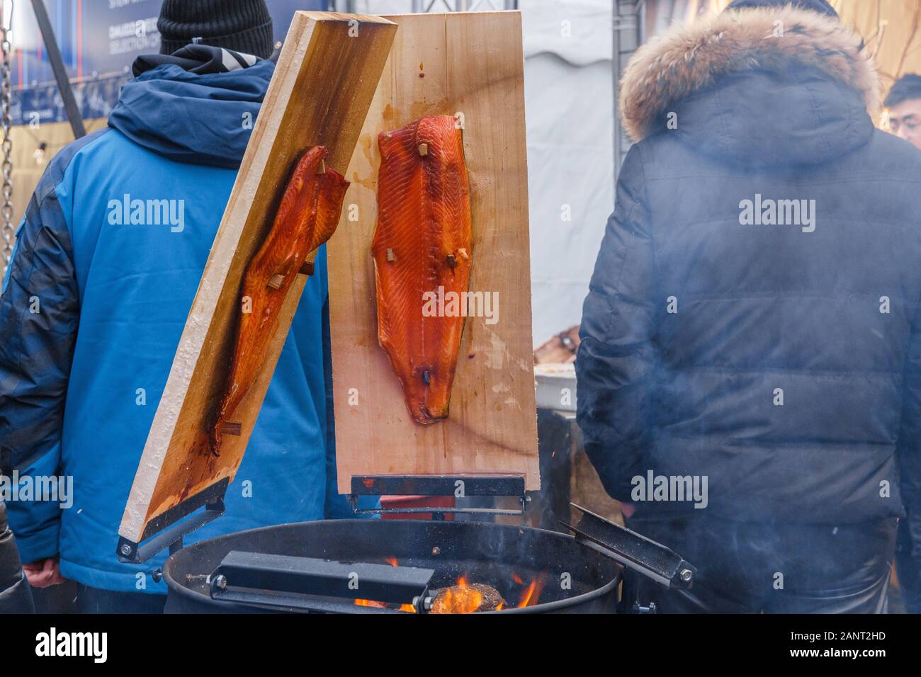 City Riga, Latvia. Street Restaurant food festival. Meat is grilled on ...
