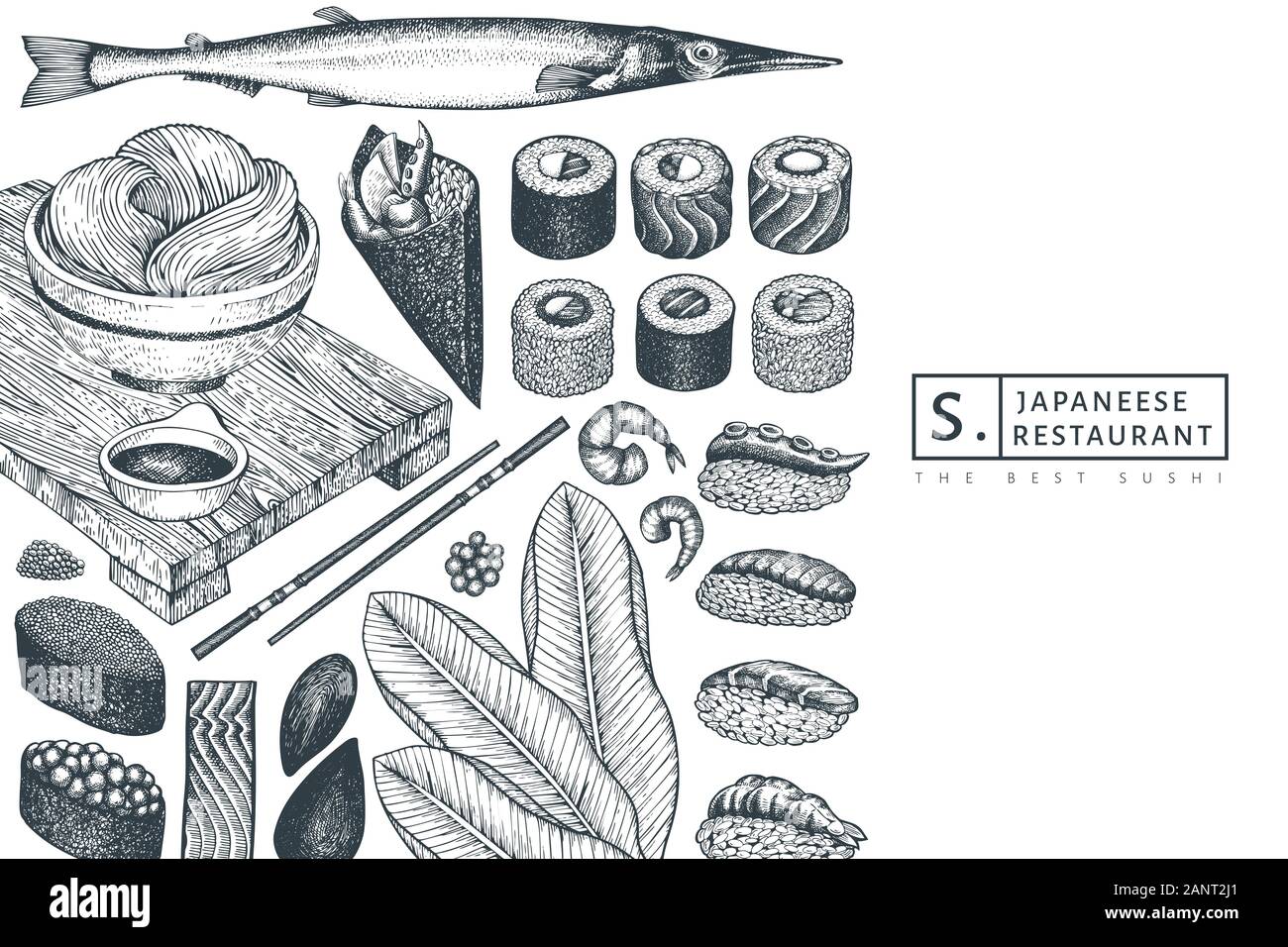 Japanese cuisine design template. Sushi hand drawn vector illustrations ...