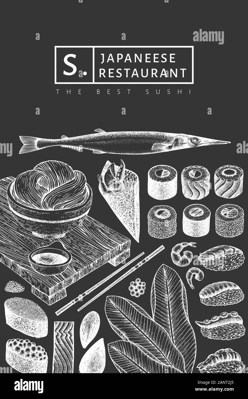 Japanese cuisine design template. Sushi hand drawn vector illustration ...