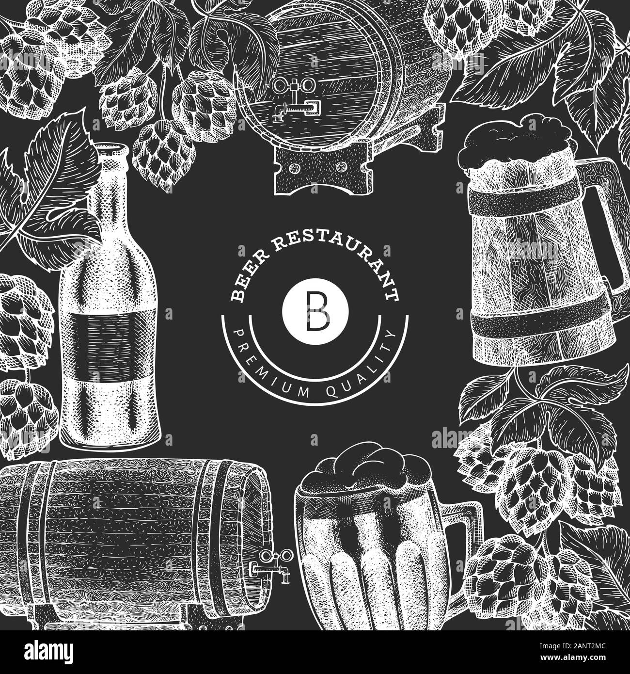 Beer glass mug and hop design template. Hand drawn vector pub beverage ...