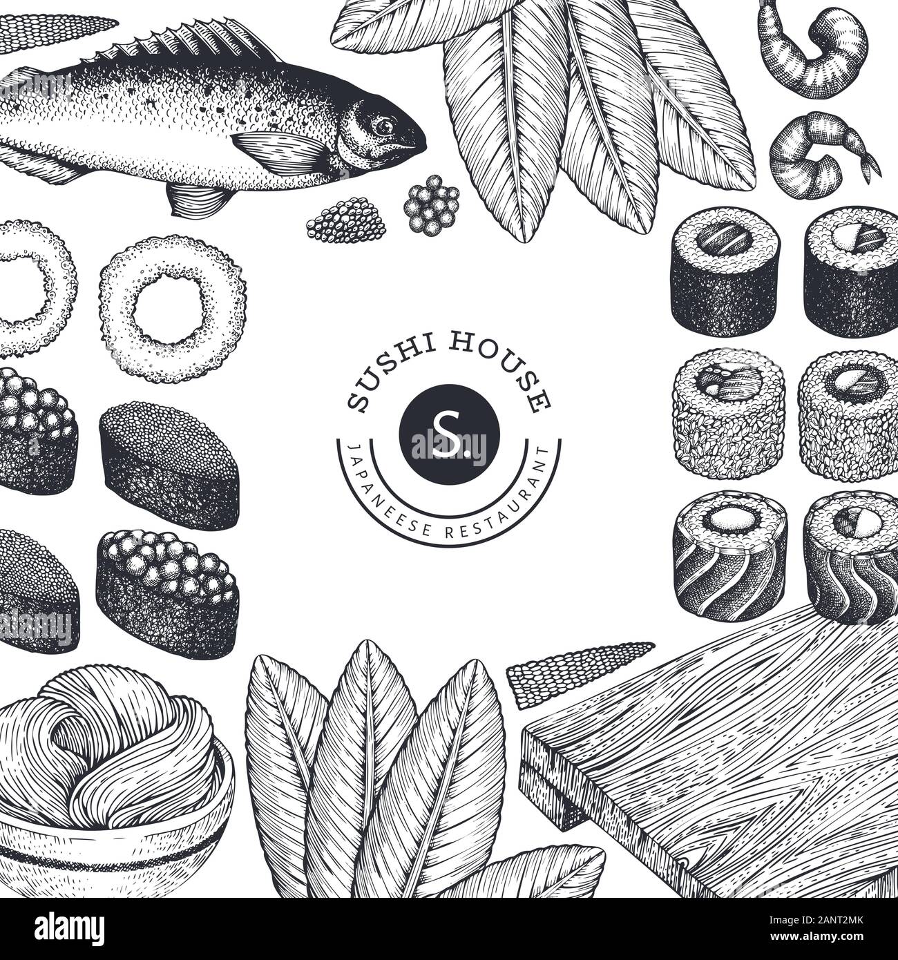 Japanese cuisine design template. Sushi hand drawn vector illustrations ...